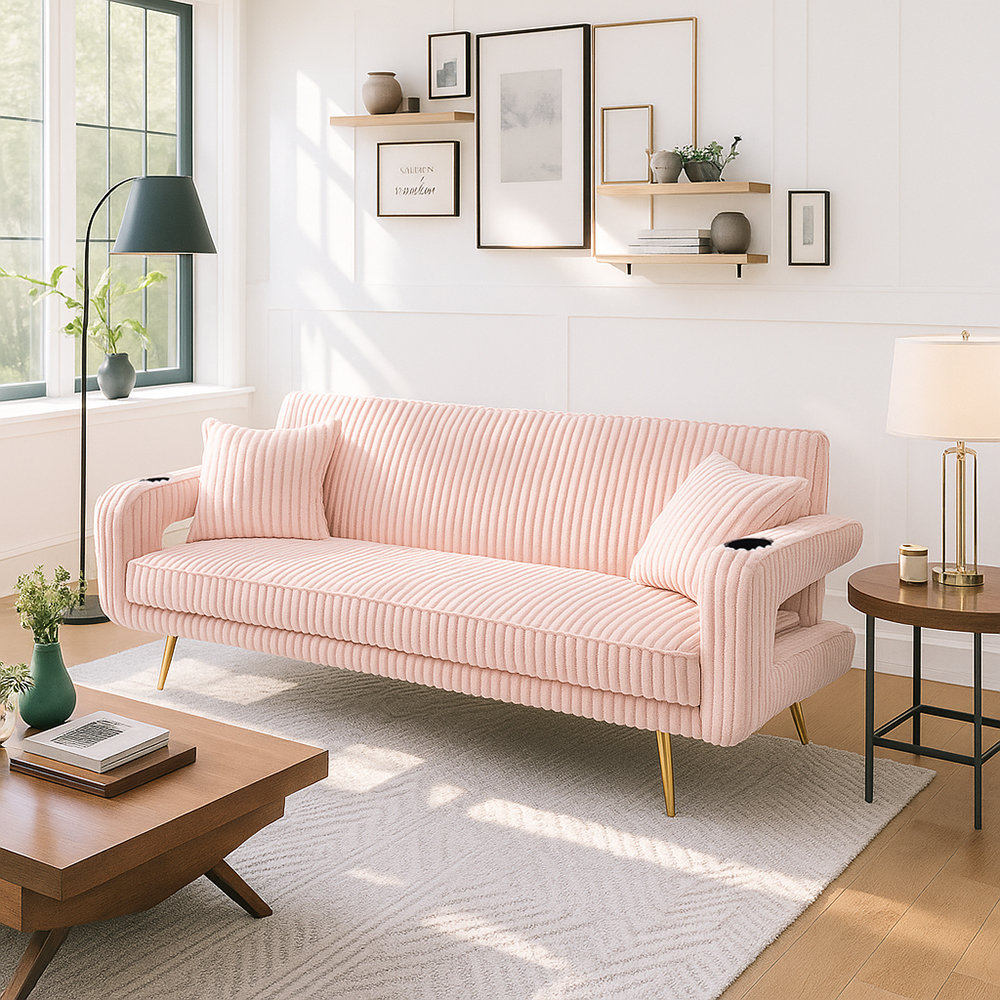 Mercer41 74" Mid-Century Modern Channel Tufted Sofa With Built-In Cup Holders, | Wayfair